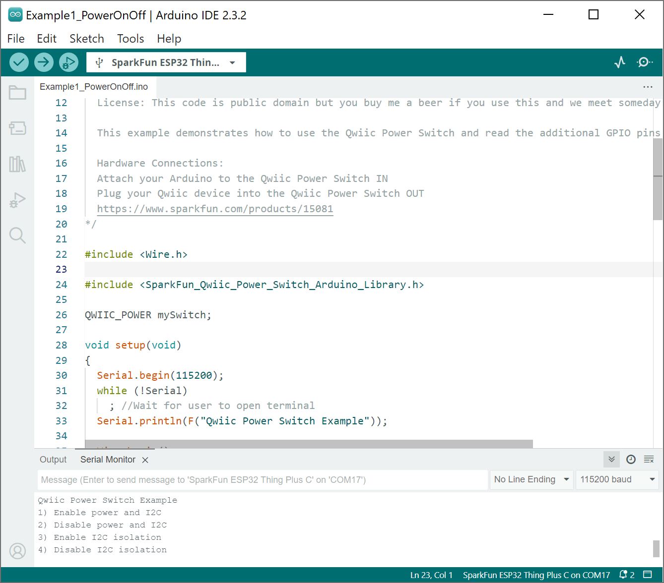 Arduino Example - SparkFun Qwiic Power Switch Hookup Guide